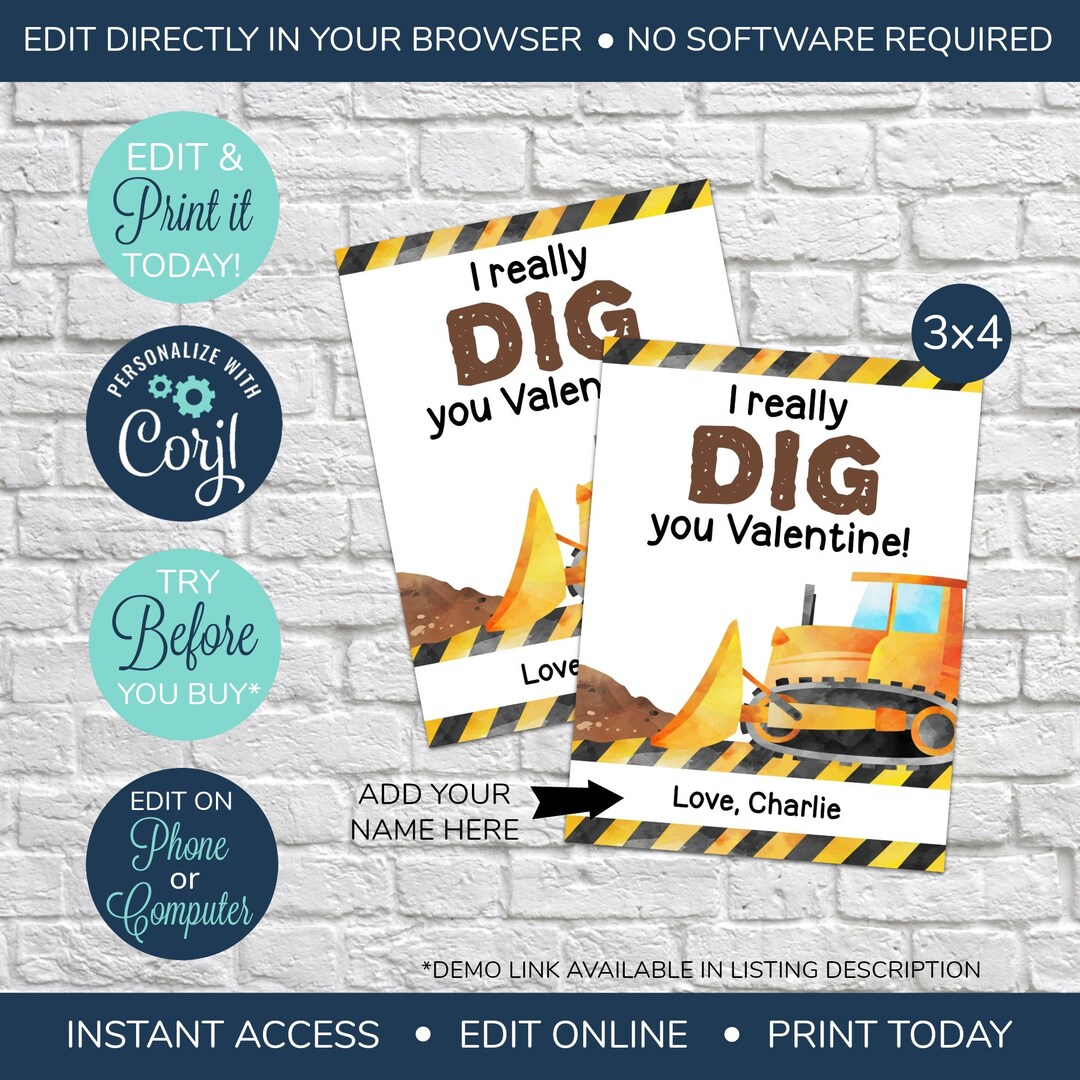 EDITABLE Classroom Valentine's Day Cards, I Dig You, Bulldozer ...