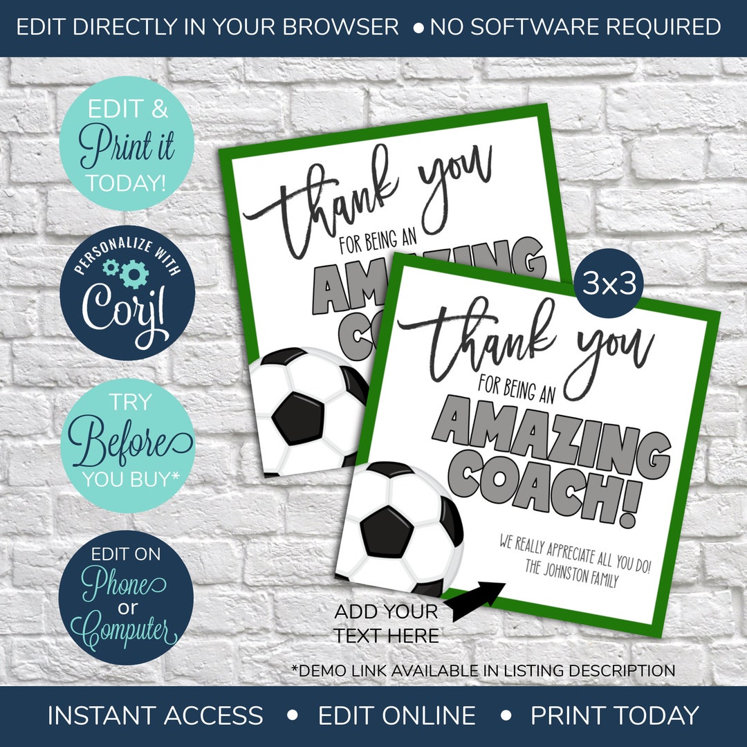 EDITABLE Soccer Coach Appreciation Gift Tag, Coach Gift Tag, Soccer ...