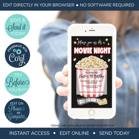 EDITABLE Electronic Movie Night Birthday Invitation Movie | Etsy