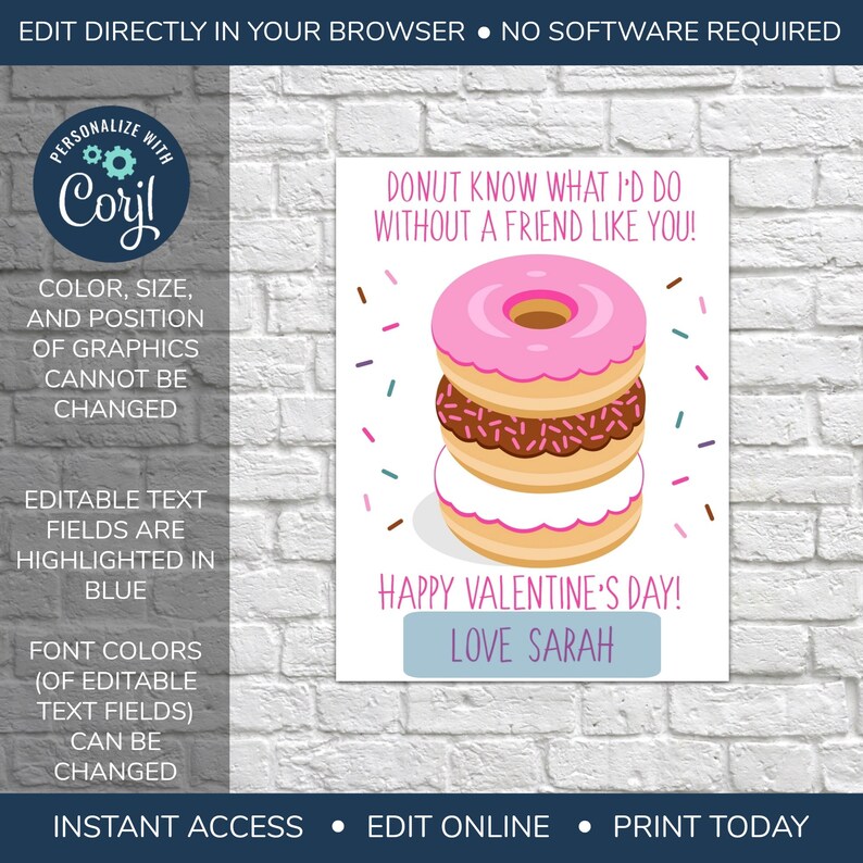 EDITABLE Classroom Valentine's Day Cards, Donut Know What I'd Do, Donut ...
