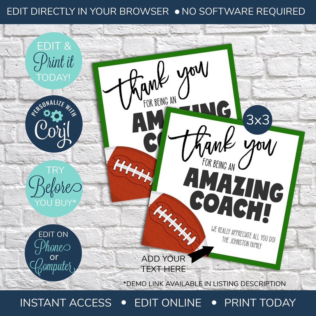 EDITABLE Football Coach Appreciation Gift Tag, Coach Gift Tag, Football ...
