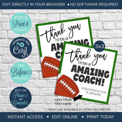 Football Coach Gift Tag School Sports Team Appreciation - Etsy