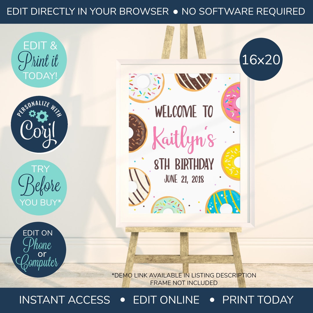 EDITABLE Donut Birthday Welcome Sign, Welcome Sign Template, Printable ...