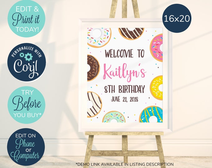 EDITABLE Donut Birthday Welcome Sign Welcome Sign Template - Etsy