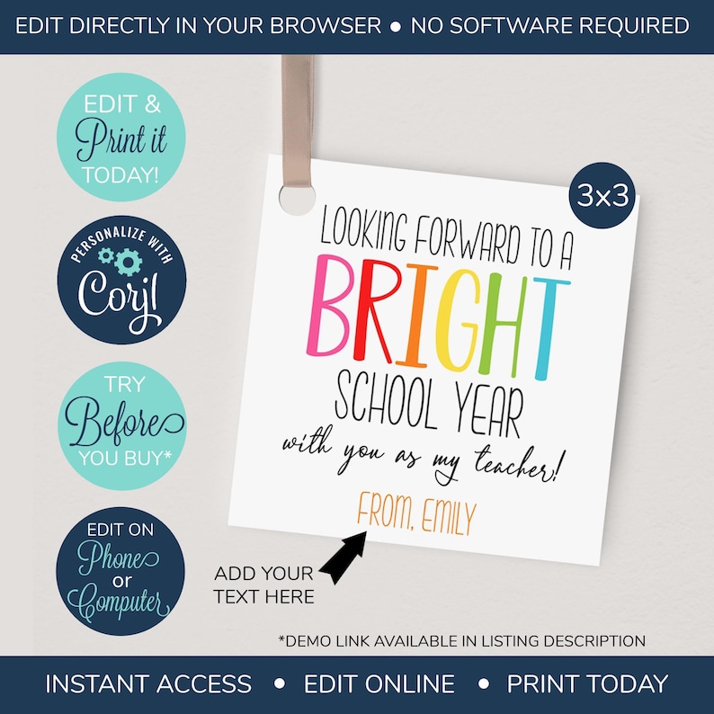 EDITABLE Back to School - My Teacher - Gift Tag, Bright School Year Tag ...
