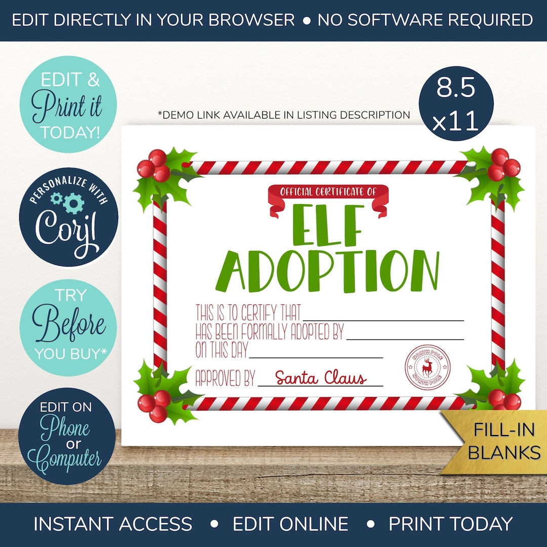 EDITABLE Elf Adoption Certificate, Printable Elf Adoption Letter, Elf ...