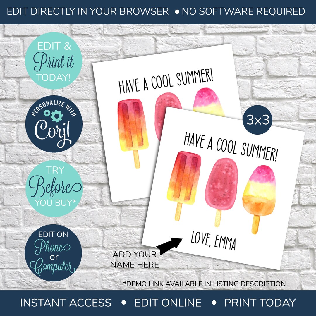 EDITABLE Have a Cool Summer Tag, End of School Year Tag, Popsicle Tag ...