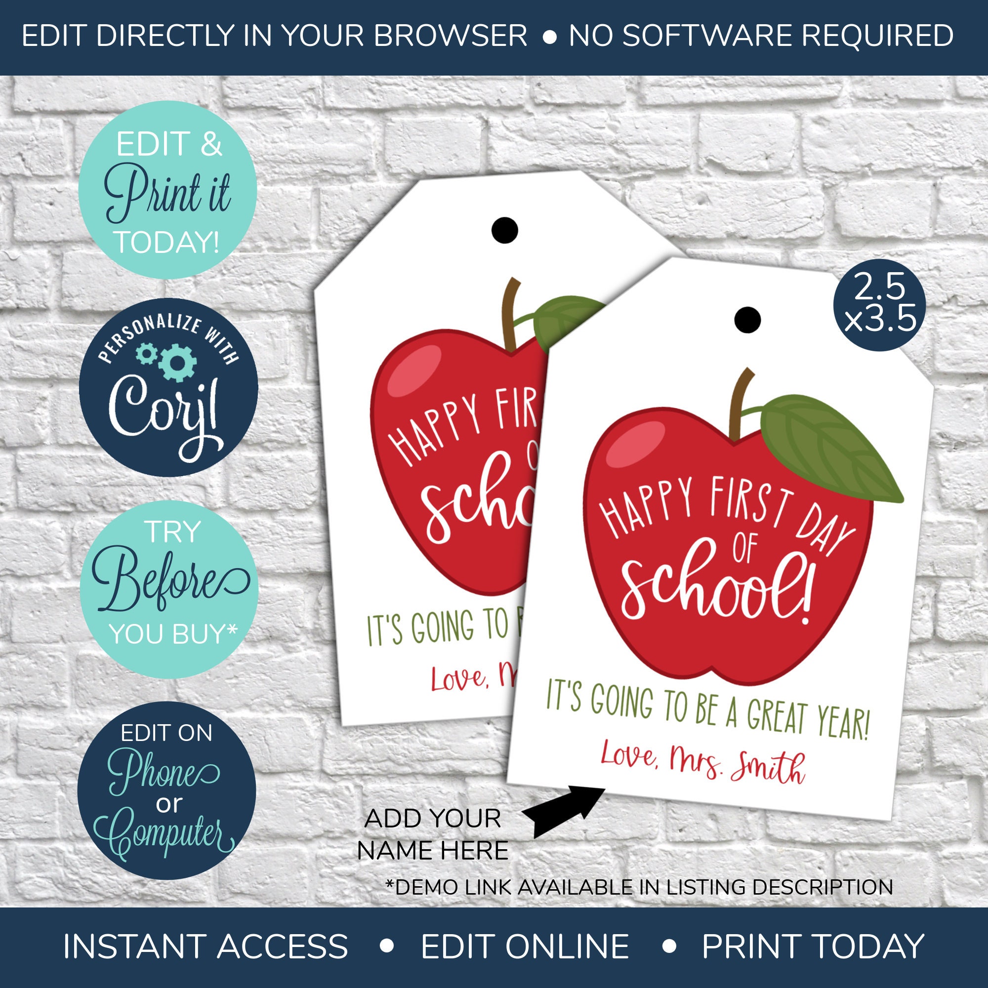 EDITABLE Back to School Teacher Gift Tag, Apple Thank You Favor Tag ...