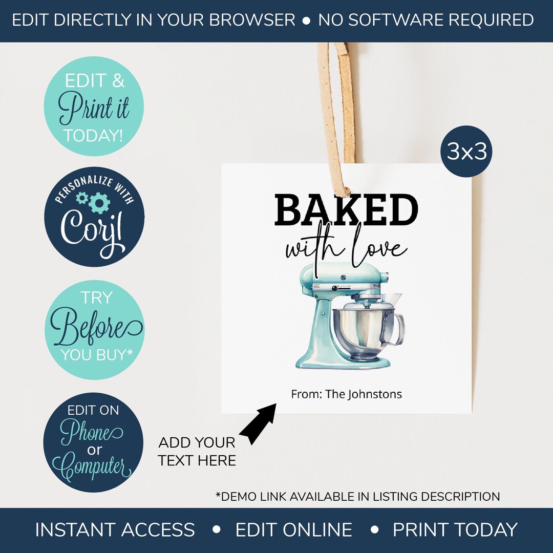 EDITABLE Baked With Love Tag, Printable Food and Baked Goods Tags, From ...