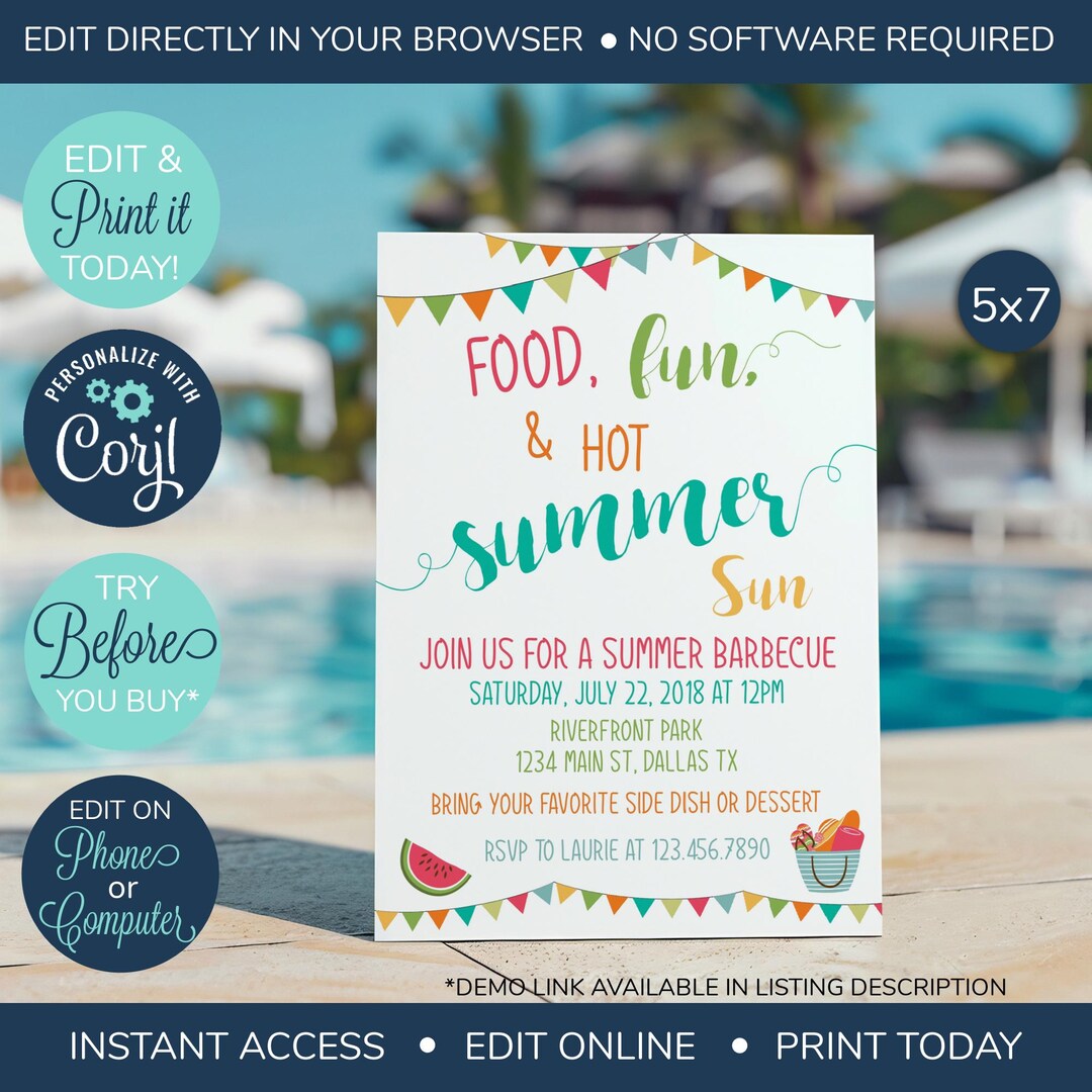 EDITABLE Summer Barbecue Invitation, Summer Family Reunion Invitation ...