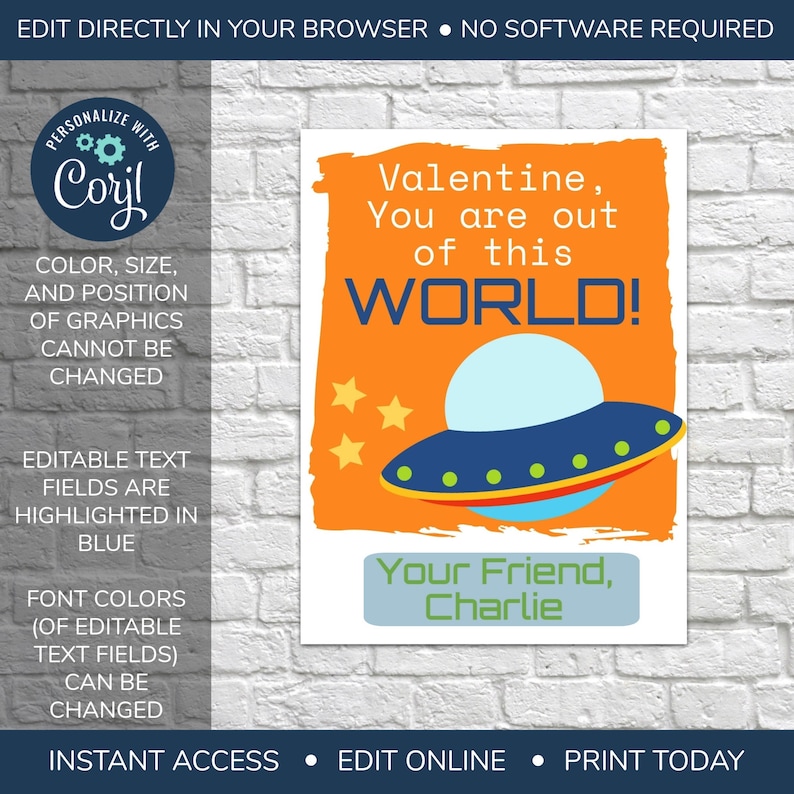 EDITABLE Classroom Valentine's Day Cards, Out of This World, Printable ...
