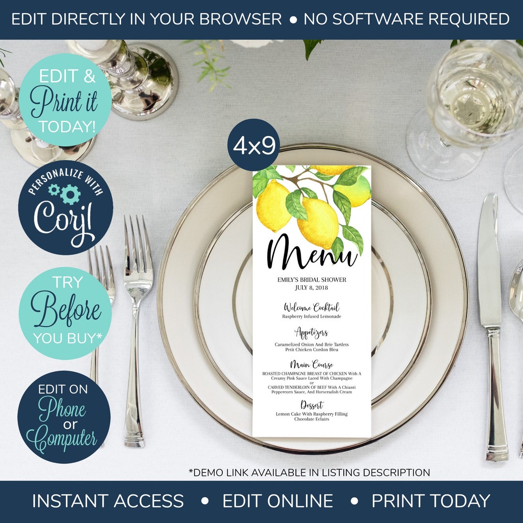EDITABLE Lemon Menu Card Template, Shower Menu Card, Menu Template ...
