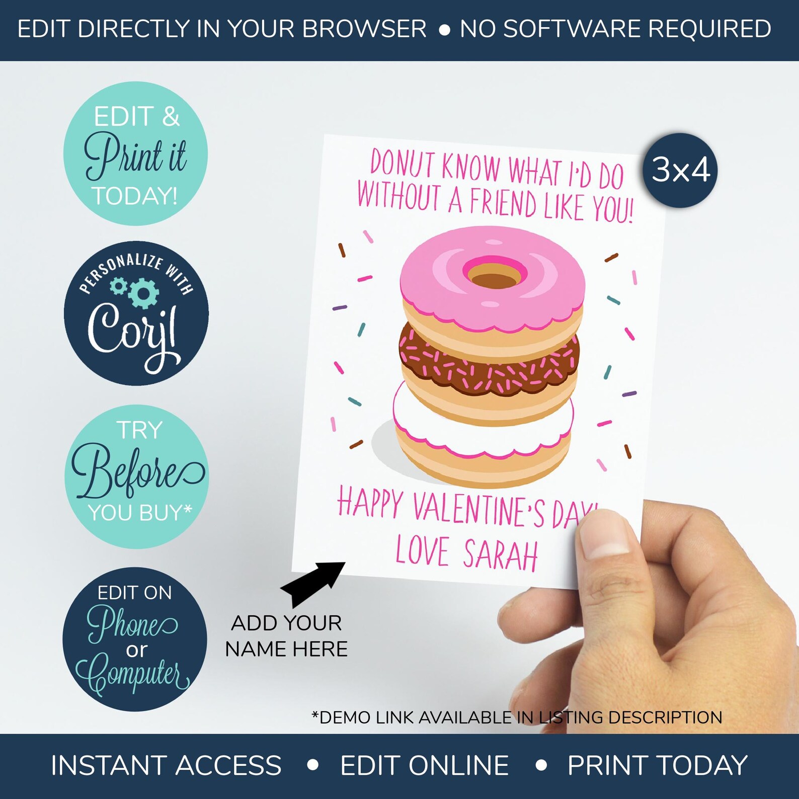 EDITABLE Classroom Valentine's Day Cards, Donut Know What I'd Do, Donut ...
