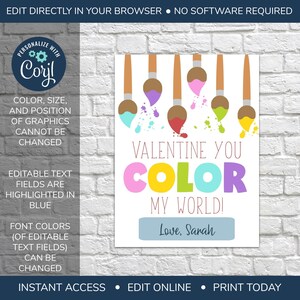 EDITABLE Classroom Valentine's Day Cards, Valentine You Color My World ...