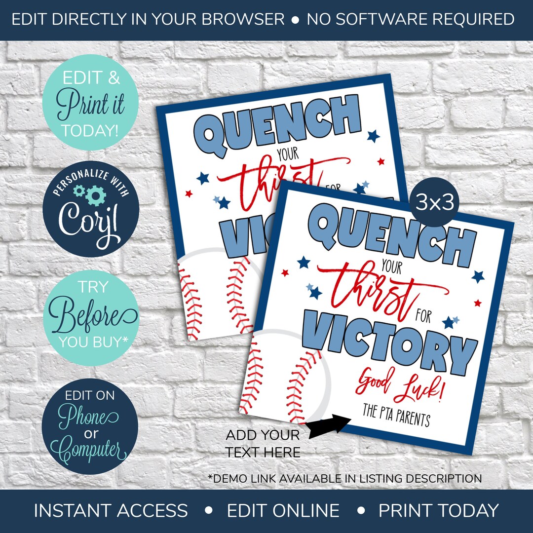 EDITABLE Good Luck Baseball Tag, Quench Your Thirst for Victory Tag ...