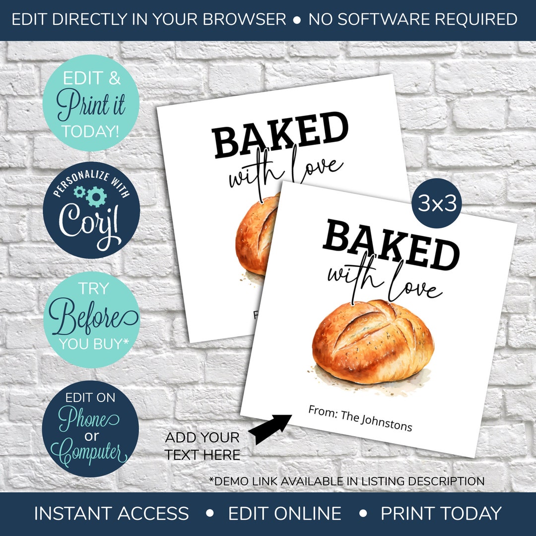 EDITABLE Baked With Love Tag, Printable Food and Baked Goods Tags, From ...