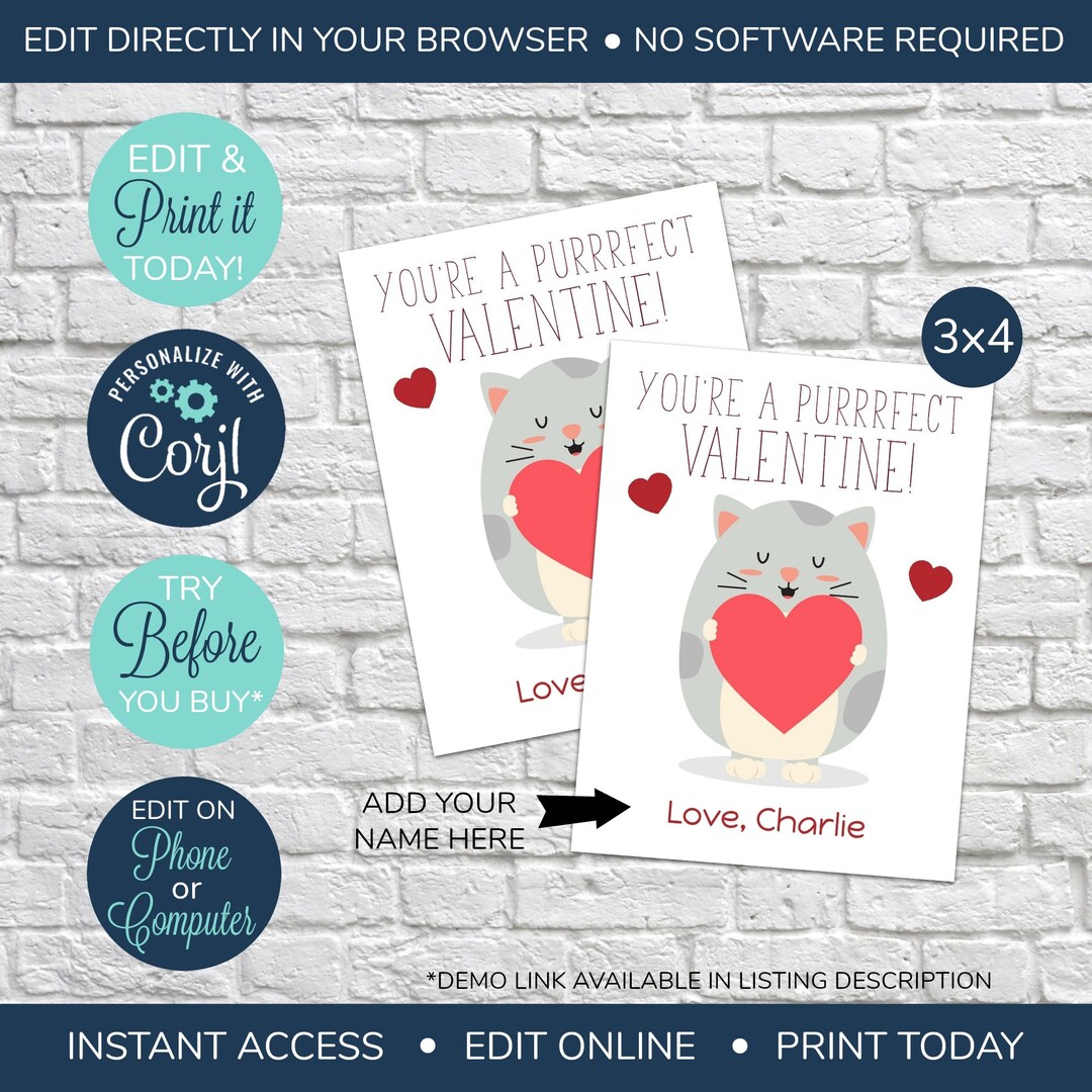 EDITABLE Classroom Valentine's Day Cards, Purrfect Valentine, Cat ...