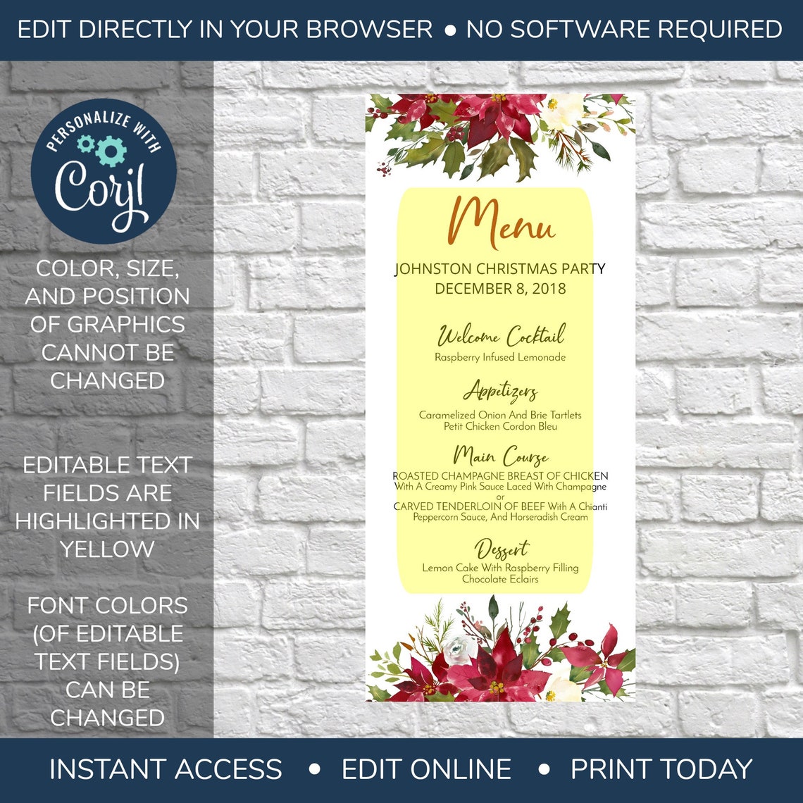 EDITABLE Christmas Menu Card Template, Holiday Menu Card, Menu Template ...