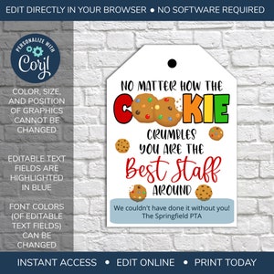 EDITABLE Cookie Appreciation Gift Tag, Teacher Staff Employee School ...
