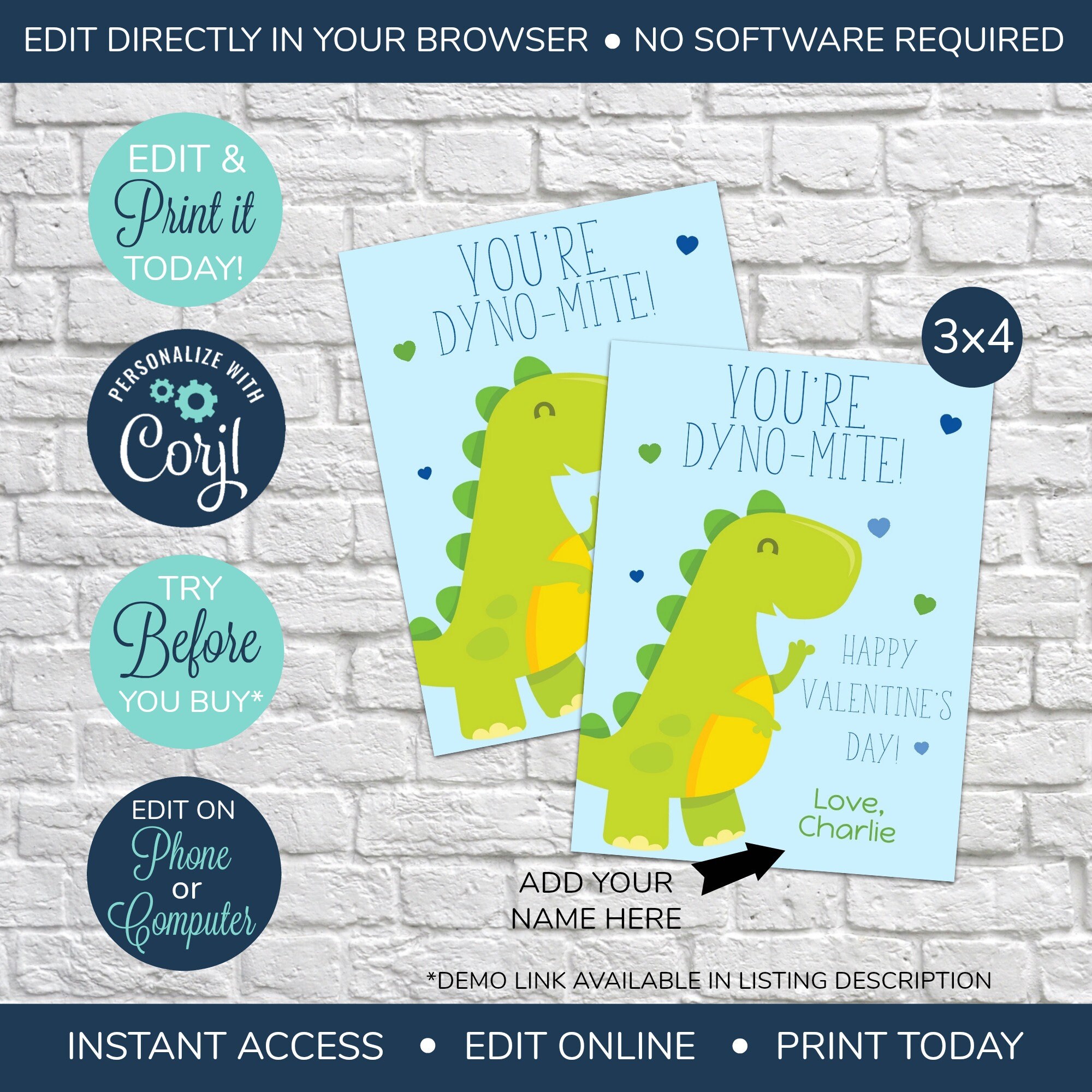 EDITABLE Classroom Valentine's Day Cards, You're Dyno-mite, Dinosaur ...