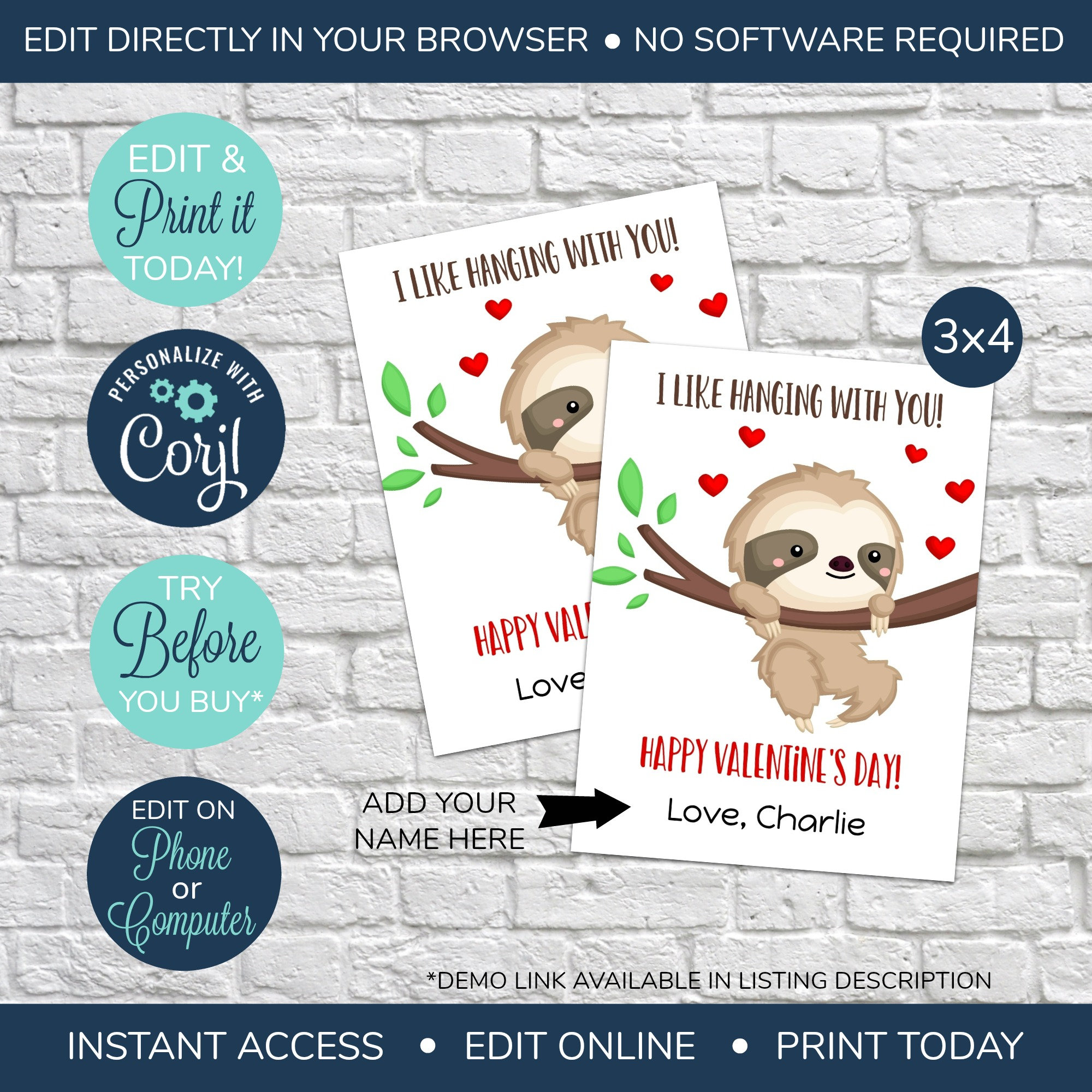 EDITABLE Classroom Valentine's Day Cards, Hanging With You, Sloth ...