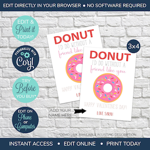 EDITABLE Classroom Valentine's Day Cards, Donut Know What I'd Do, Donut ...