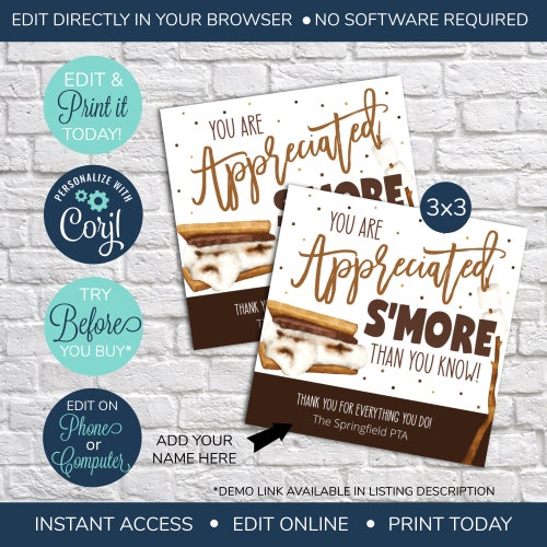 Editable S'more Appreciation Gift Tag Teacher Staff - Etsy