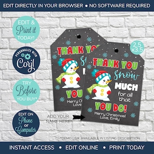 EDITABLE Christmas Gift Tags Thank You Snow Much for All You - Etsy