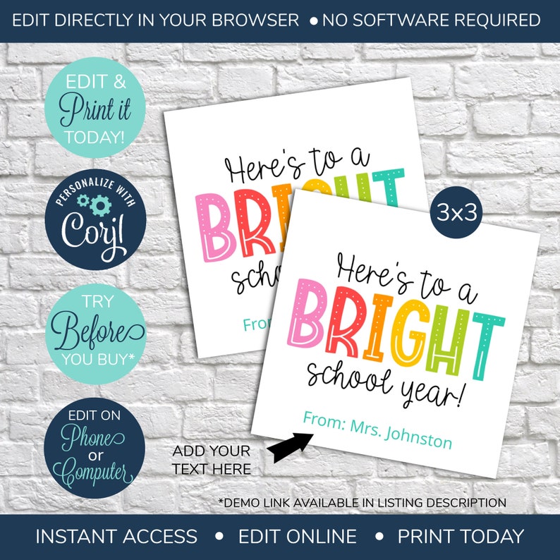 EDITABLE Back to School Teacher Gift Tag Bright School Year - Etsy