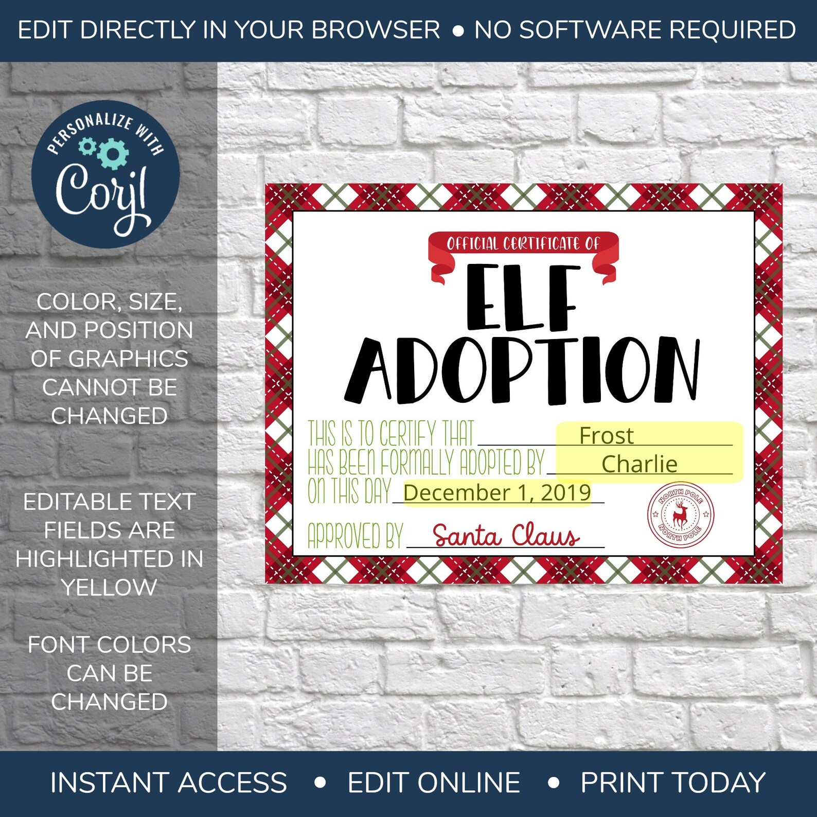 EDITABLE Elf Adoption Certificate Printable Elf Adoption - Etsy