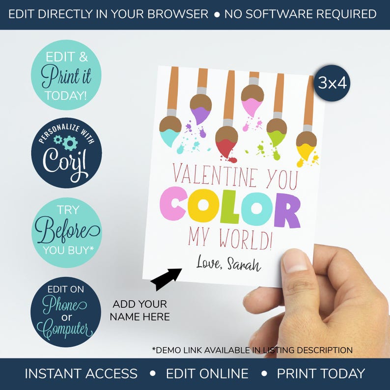 EDITABLE Classroom Valentine's Day Cards, Valentine You Color My World ...