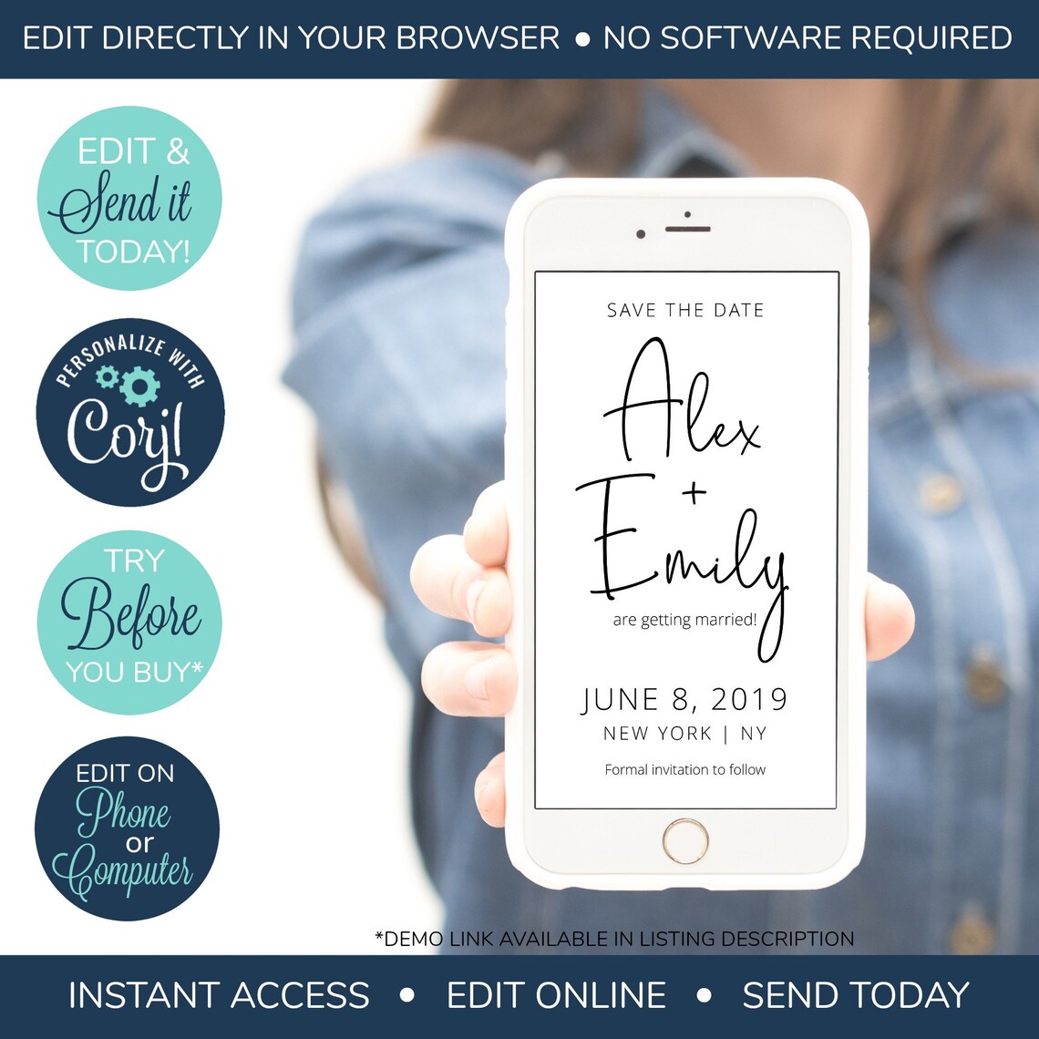 EDITABLE Electronic Save the Date, Digital Smartphone Announcement ...
