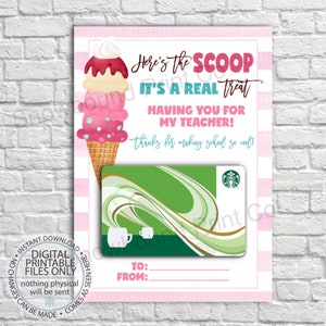 Printable Ice Cream Teacher Gift Card Holder, Here's the Scoop, Thank ...
