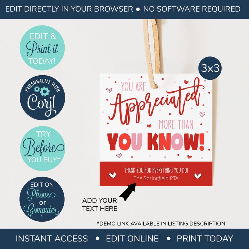 EDITABLE Valentine's Day Appreciation Gift Tag, Teacher Staff Employee ...