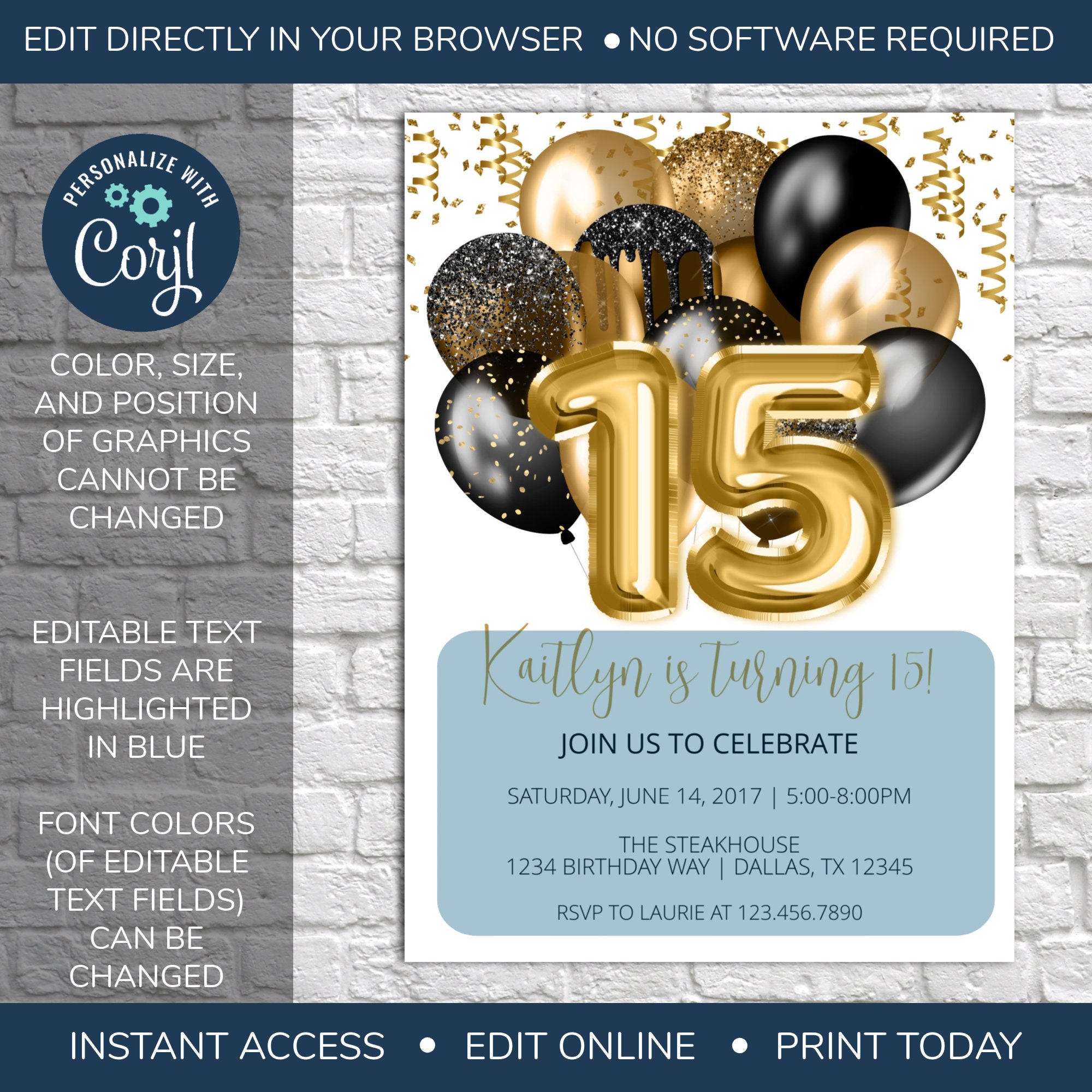 EDITABLE 15th Birthday Invitation, Black and Gold 15th Invitation ...