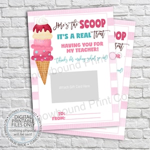 Printable Ice Cream Teacher Gift Card Holder, Here's the Scoop, Thank ...