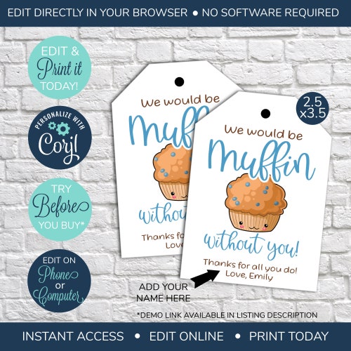 EDITABLE Muffin Appreciation Gift Tag We Would Be Muffin | Etsy