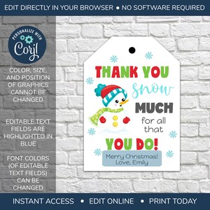 EDITABLE Christmas Gift Tags, Thank You Snow Much for All You Do ...