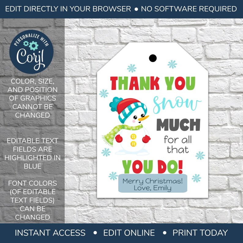 EDITABLE Christmas Gift Tags Thank You Snow Much for All You - Etsy