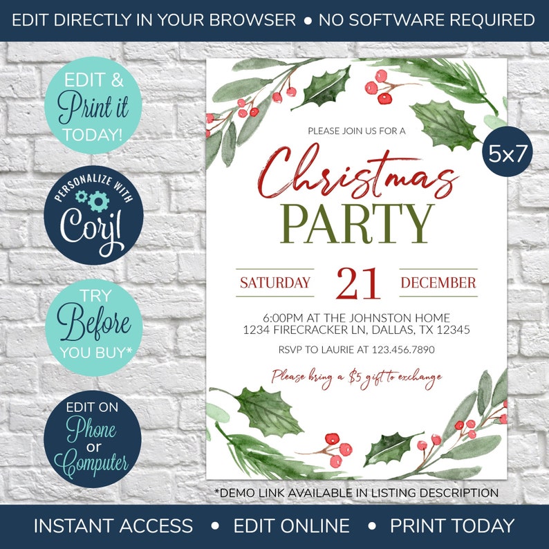 EDITABLE Christmas Party Invitation, Christmas Invitation, Christmas ...