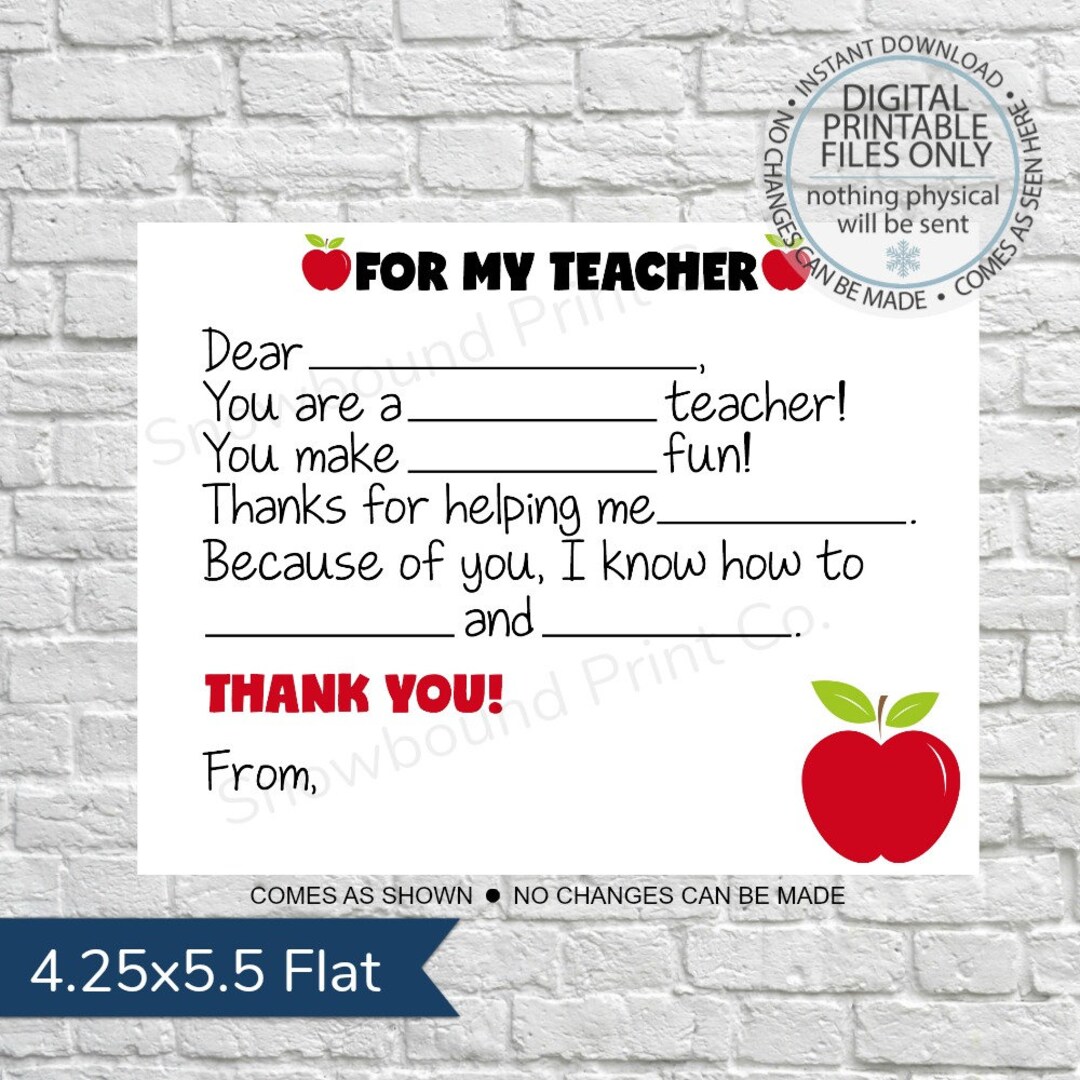 Printable Thank You Postcard, Printable Kids Fill-in Teacher Thank You ...