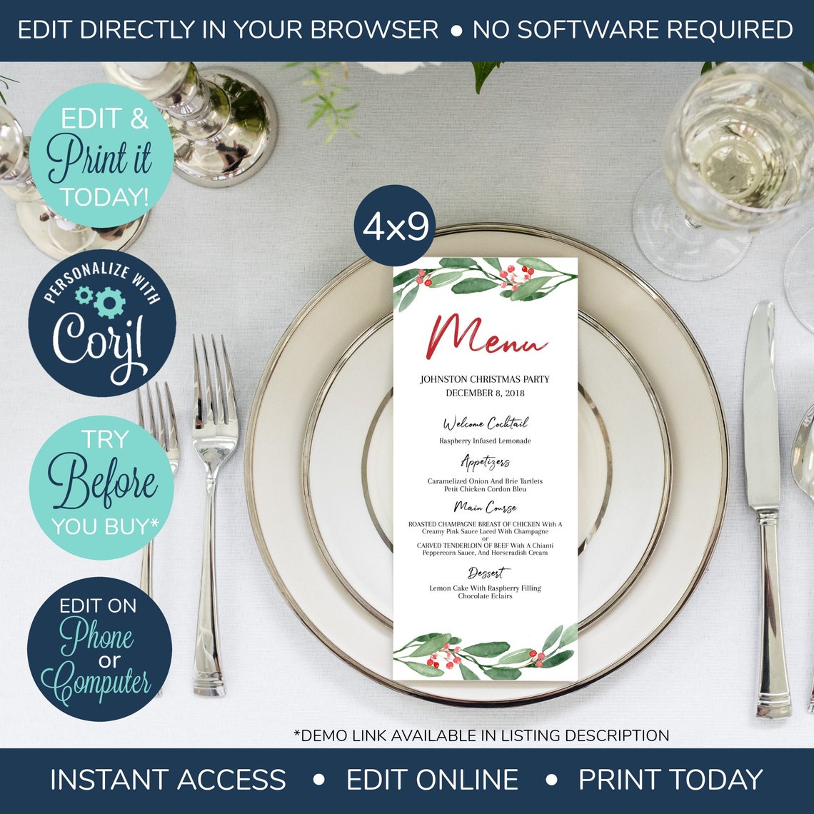 EDITABLE Christmas Menu Card Template, Holiday Menu Card, Menu Template ...