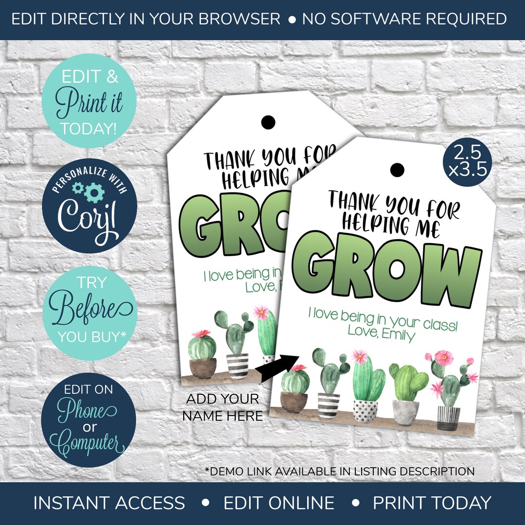 EDITABLE Helping Me Grow Teacher Tag, Printable Thank You for Helping ...