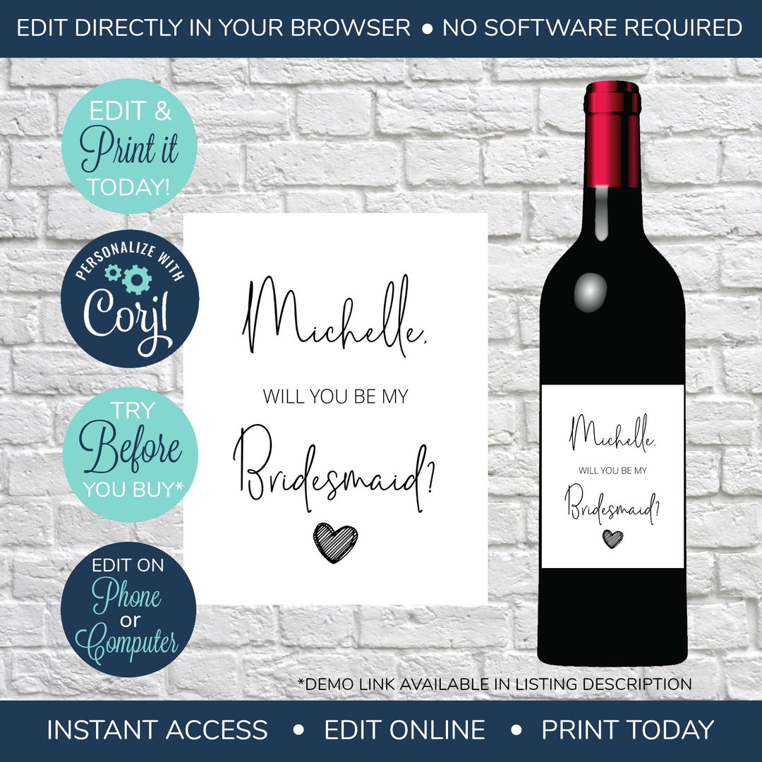 EDITABLE Modern Wedding Wine Label Template, Will You Be My Bridesmaid ...