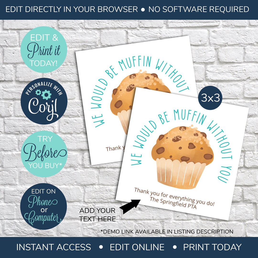 EDITABLE Muffin Appreciation Gift Tag, We Would Be Muffin Without You ...