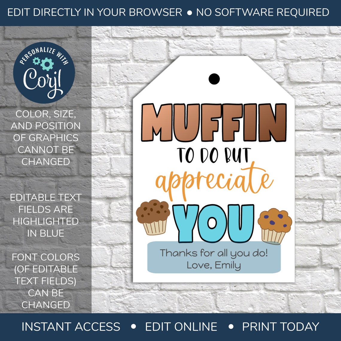 EDITABLE Muffin Appreciation Gift Tag Teacher Staff Employee - Etsy