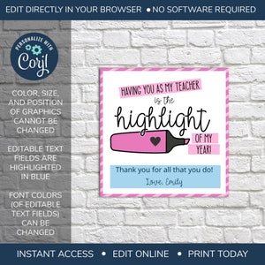 EDITABLE Teacher Appreciation Gift Tag, Highlight of My Day, First Day ...