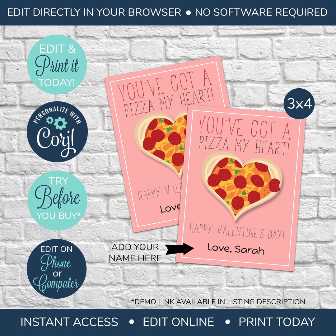 EDITABLE Classroom Valentine's Day Cards, Pizza My Heart, Pizza ...