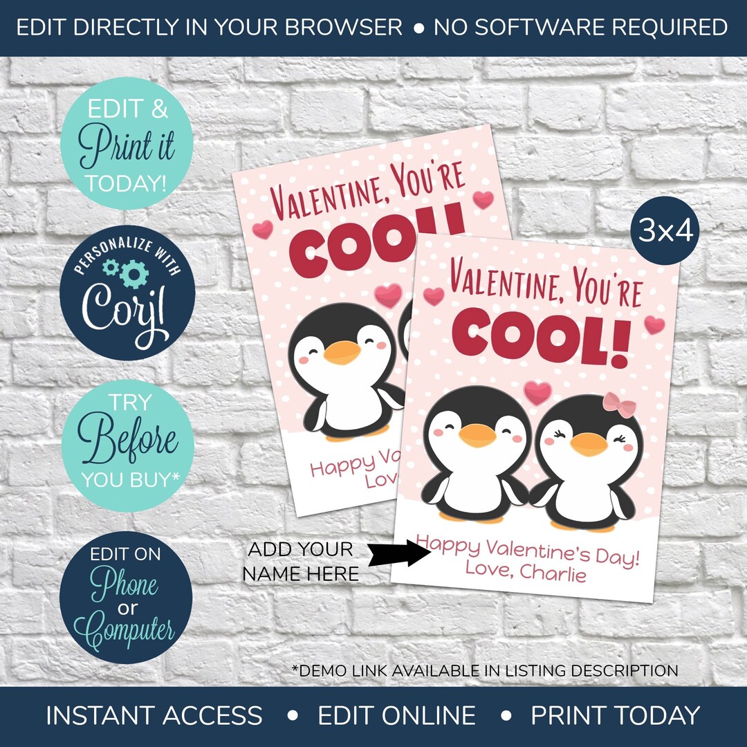 EDITABLE Classroom Valentine's Day Cards, You're Cool, Penguin ...