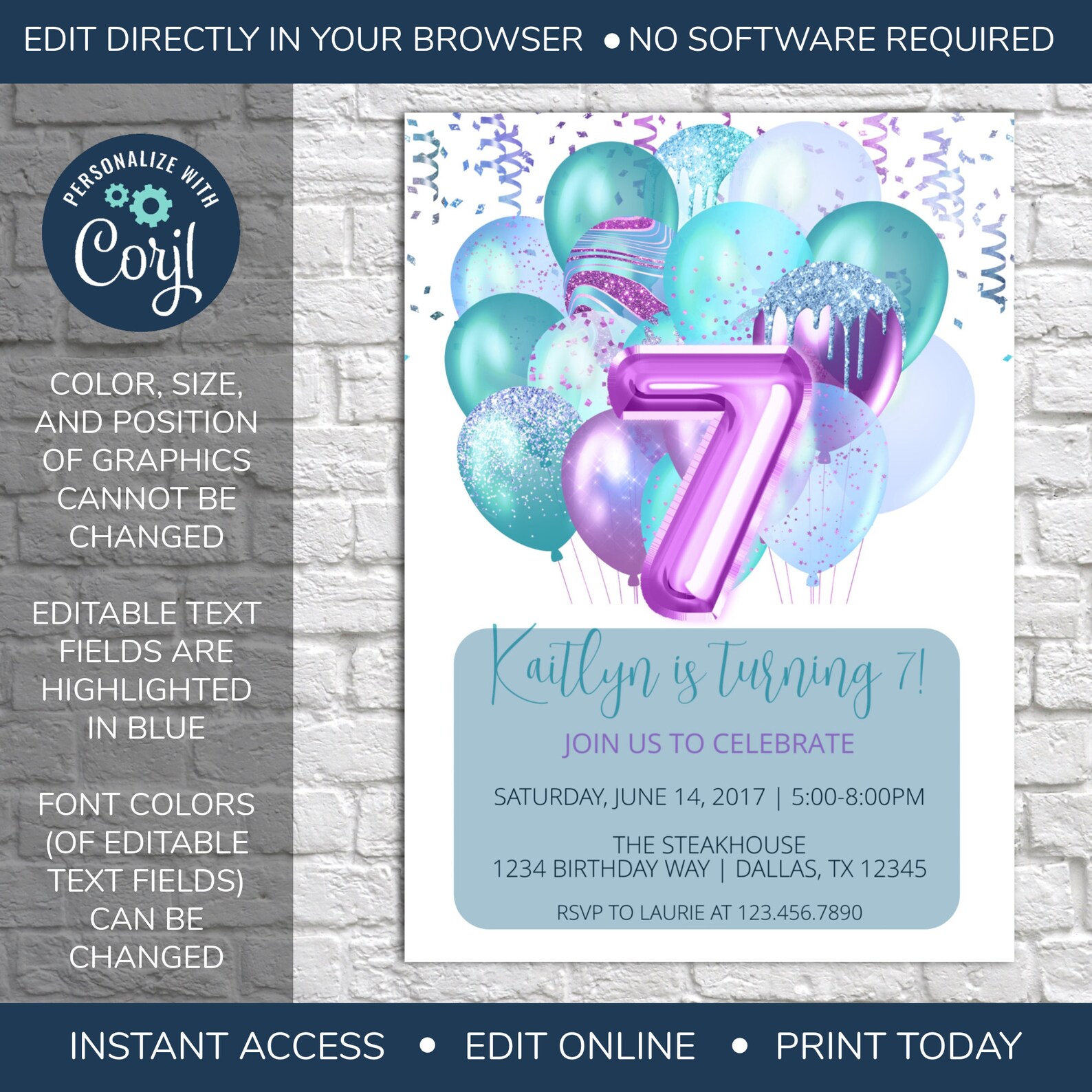 EDITABLE 7th Birthday Invitation Purple and Aqua 7th - Etsy